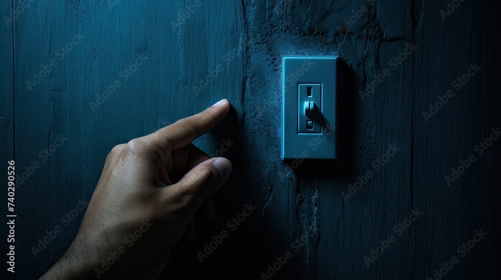 Hand Activating Light Switch to Illuminate Dark Blue Wall in Room Stock ...