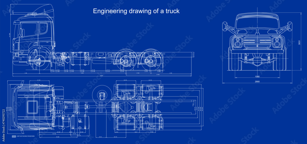 Vector engineering drawing of a truck with dimensional lines and ...