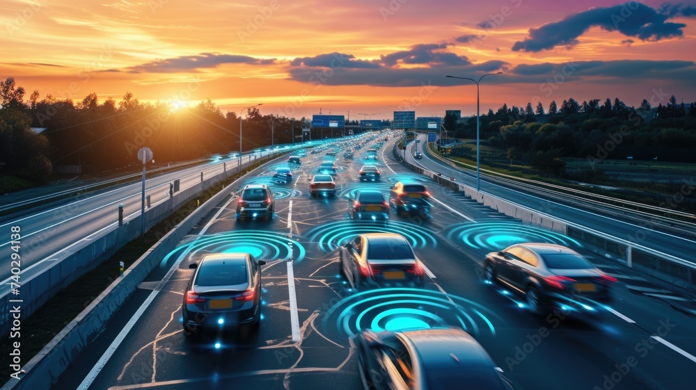 fleet of driverless cars on a silent, efficient highway journey at dawn ...