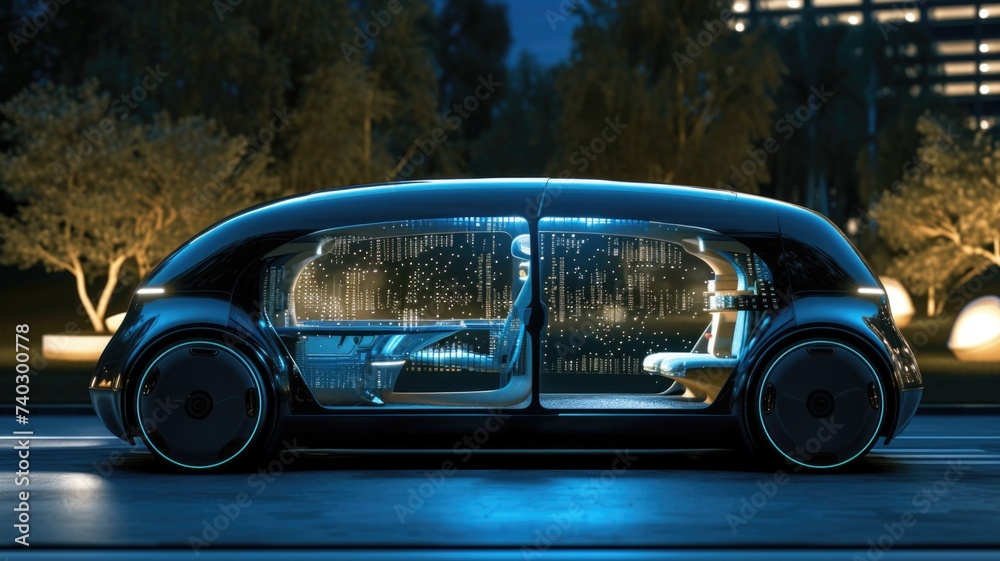 futuristic autonomous car with transparent OLED displays instead of ...