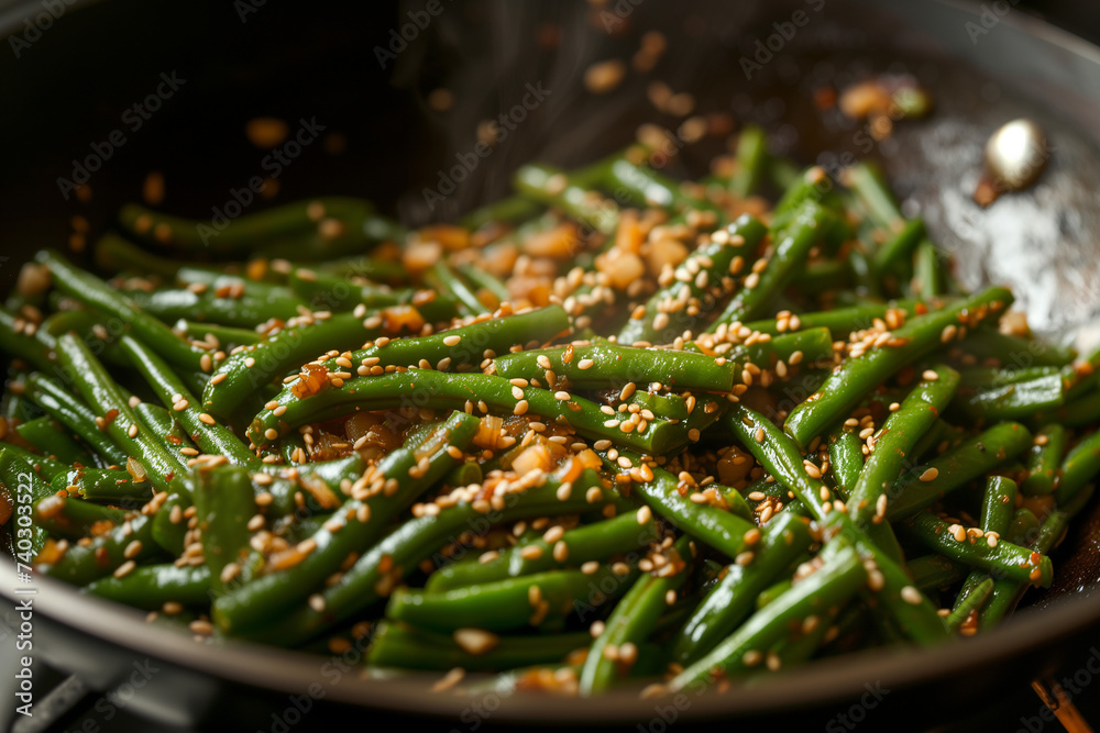 poêlée de haricots verts cuits au beurre, avec des graines de sésame ...