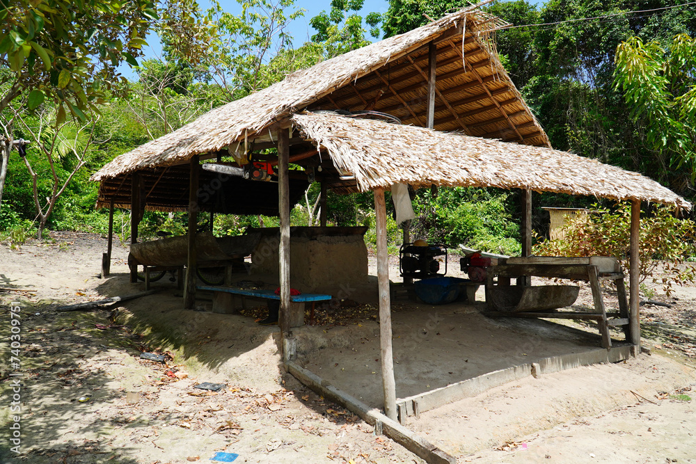 Indigenous hut made from palm leaves with a large roasting oven. It is ...