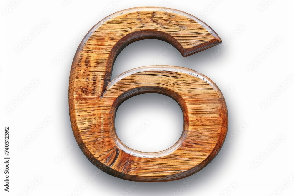 Dark oiled wood number six shape isolated on white background for ...