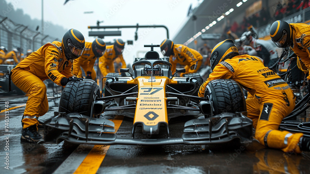 Professional pit crew ready for action as their team's race car arrives ...