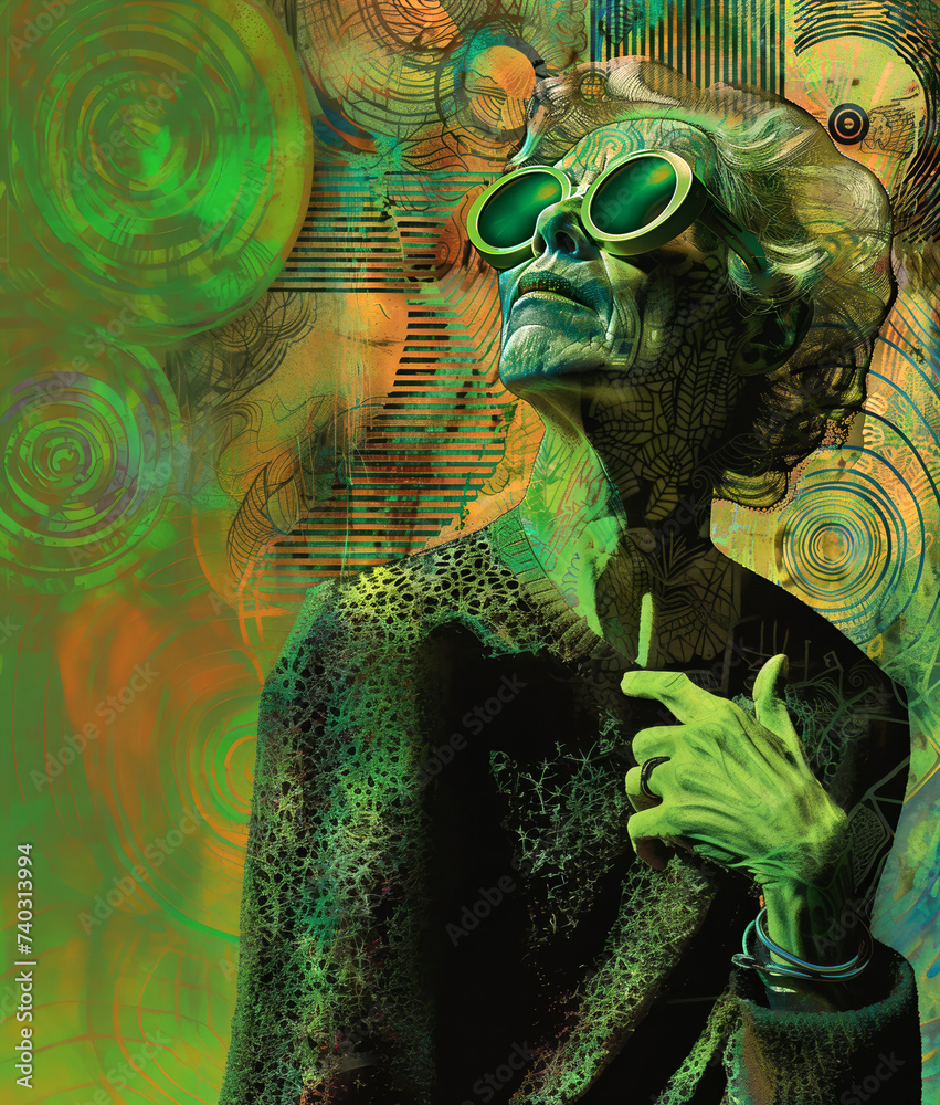 Artistic colorful portrait of a boomer, best ager wearing super big ...