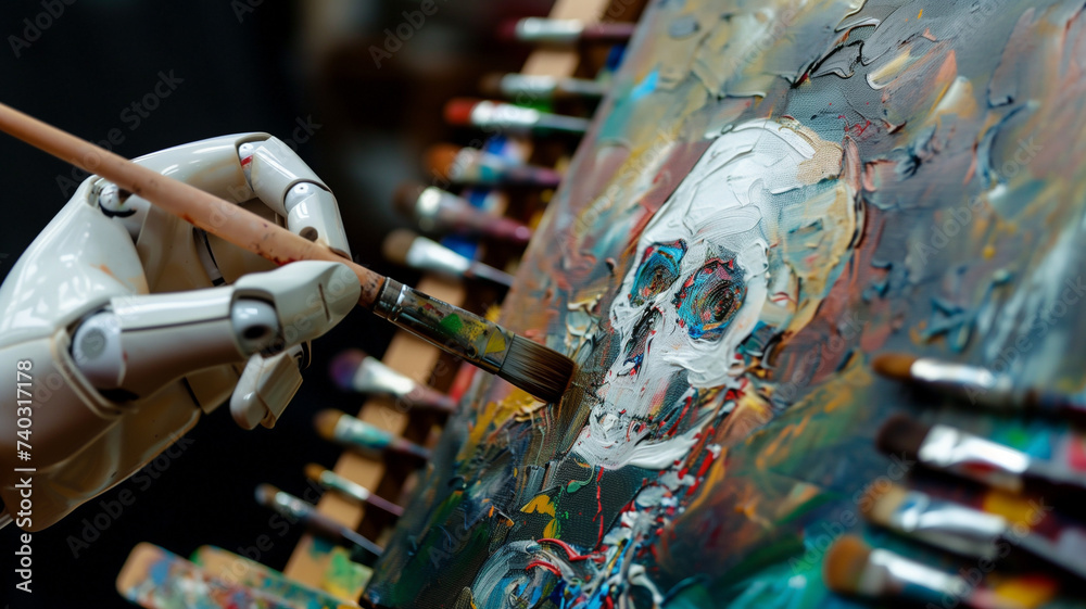 The death of art by AI: a robot hand making an oil painting of a human ...