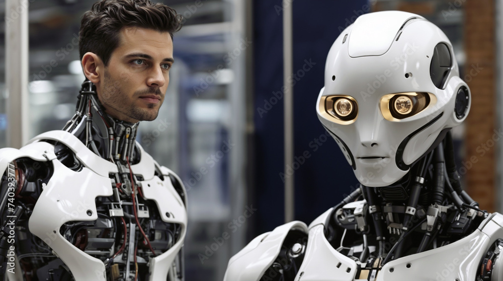 Man and advanced humanoid robot face-to-face, representing the ...