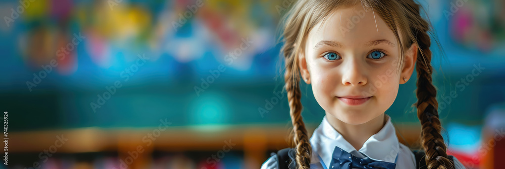 blue-eyed smiling schoolgirl with braids in uniform on the background ...