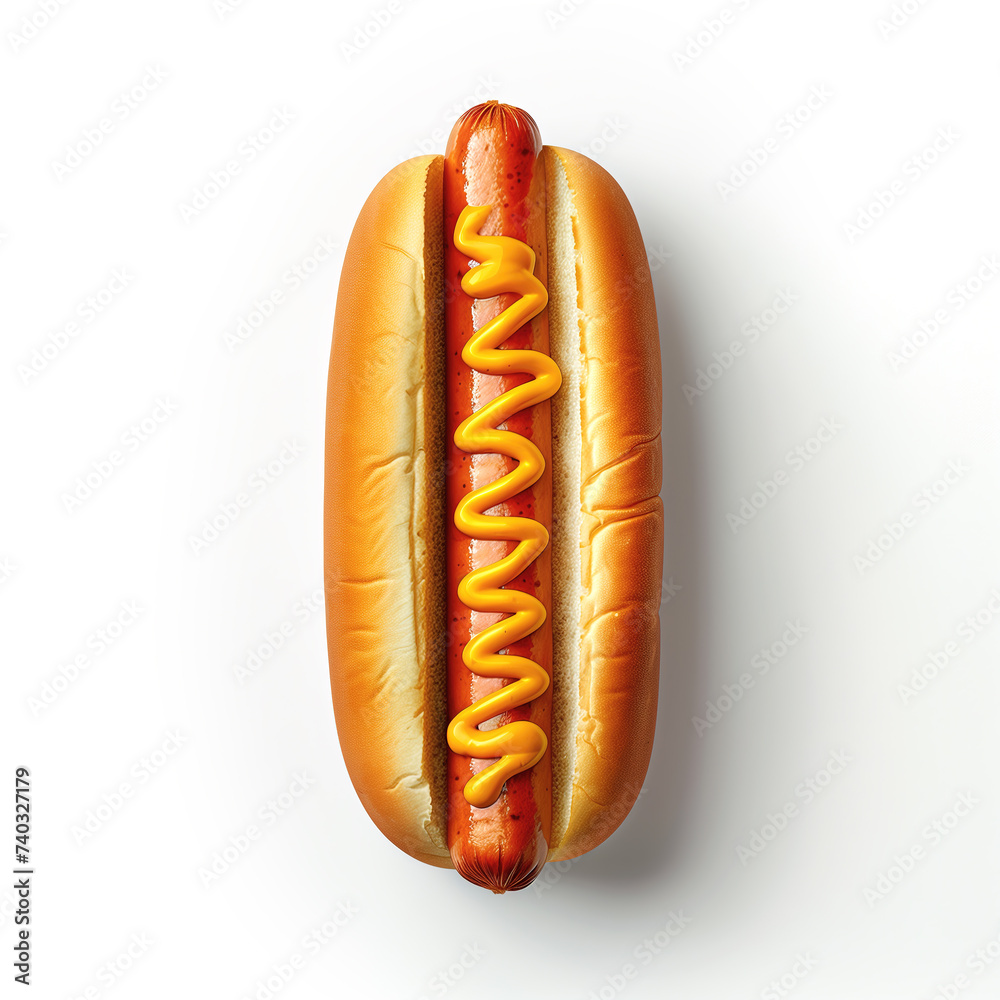 Classic simple hot dog with mustard, isolated on white background. Top ...