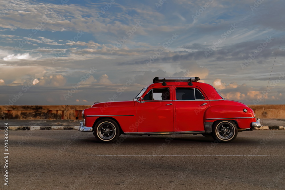 Old red painted almendron car -yank tank, Plymouth American classic ...