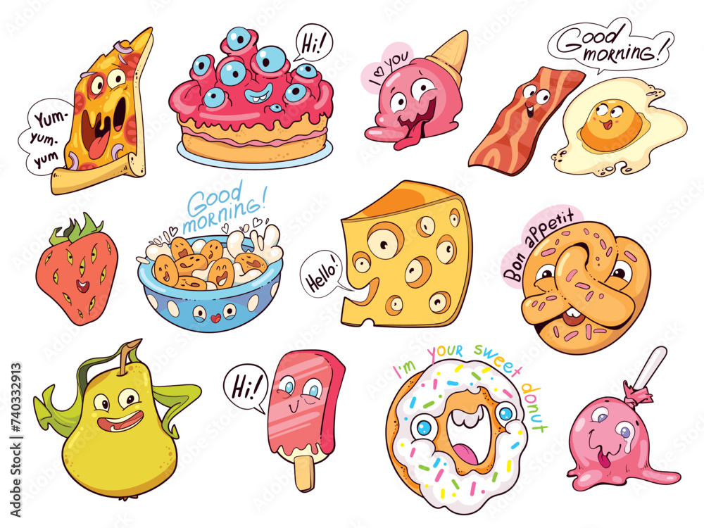 Fun food is drawn in comic style. Drawing characters with different ...