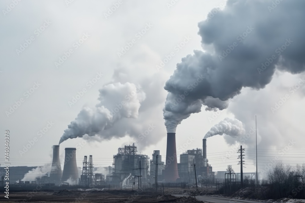 An industrial complex with towering smokestacks discharges thick smoke ...