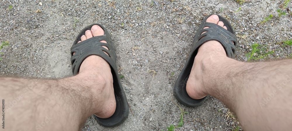Bare legs of an adult. Two shins of a man with white skin and black ...