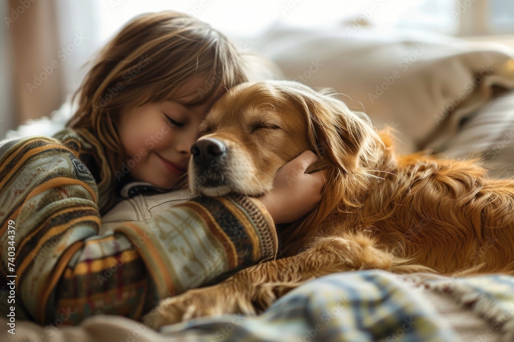 A sweet scene unfolds as a young girl lovingly hugs her furry companion ...