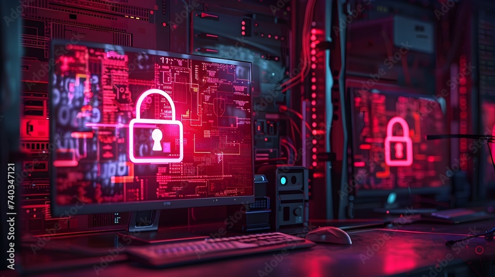 Vivid red cybersecurity lock icons displayed on screens in a modern ...