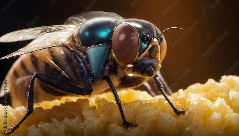 A macro photograph of a fly, a membranewinged insect, on a piece of ...