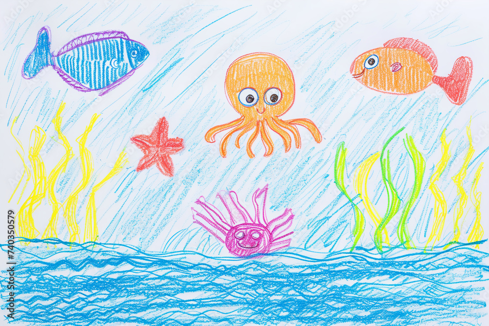 Underwater scene with friendly fish and a smiling octopus 4 year old's ...