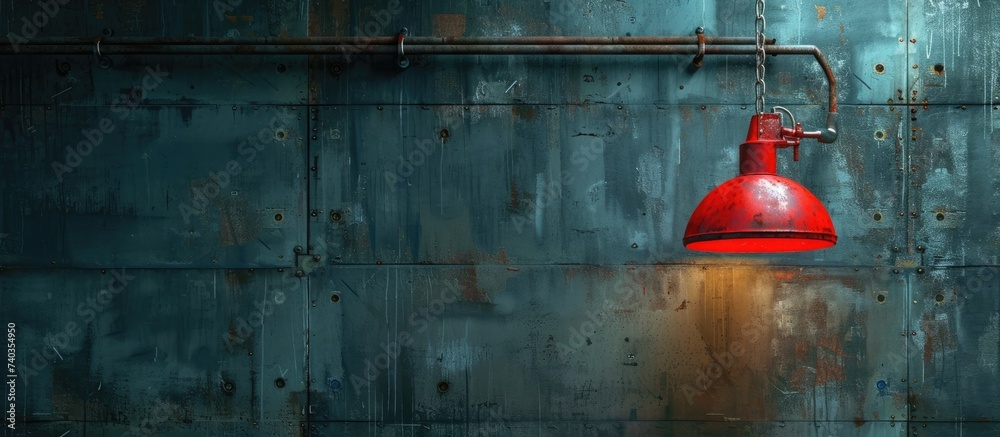 A vibrant red light is seen hanging from a metal pipe in an industrial ...