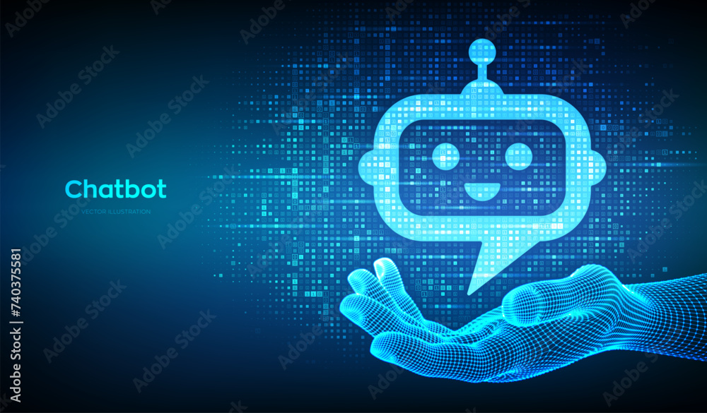 Robot chatbot head icon sign made with binary code in wireframe hand ...