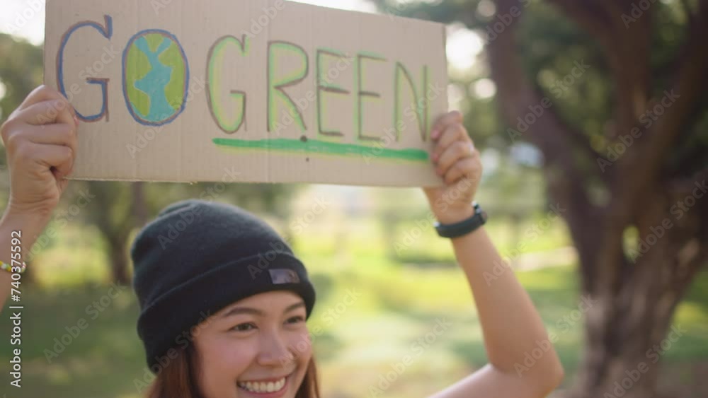 Go green Gen Z woman asia young people smile looking at camera showing ...