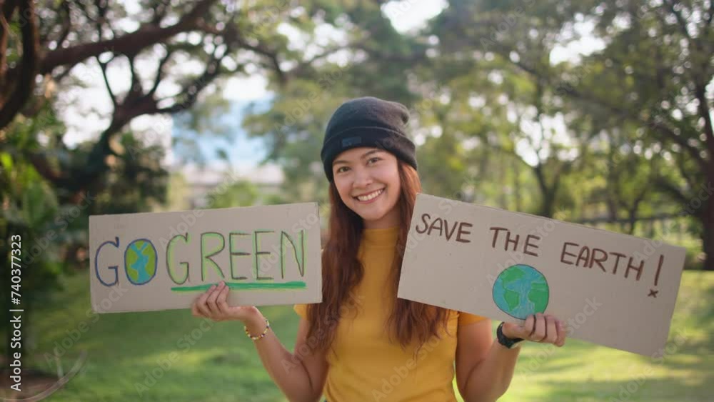 Go green Gen Z woman asia young people smile looking at camera showing ...
