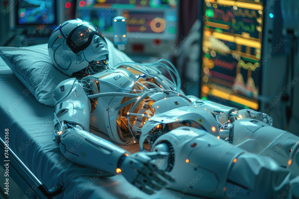 Surgery Patient Laying On Surgical Table. Robot Arms Performing High ...