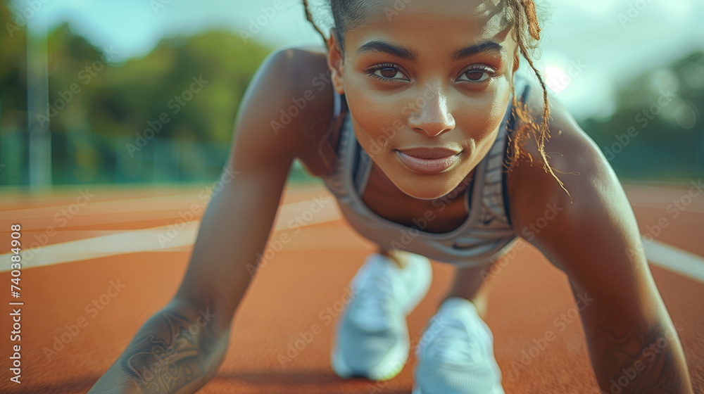 running track. The woman runner stretches her leg muscle, woman jogger ...