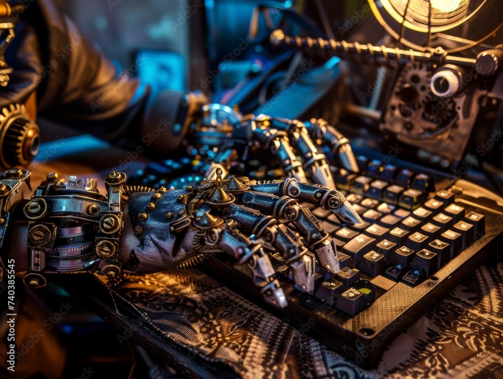 Hacker with mechanical hands types on a steampunk keyboard gears turn ...