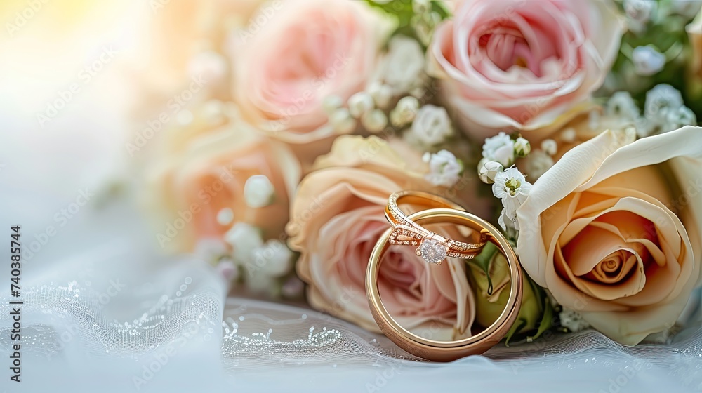 Romantic wedding ring celebration background with flower bouquet, with ...
