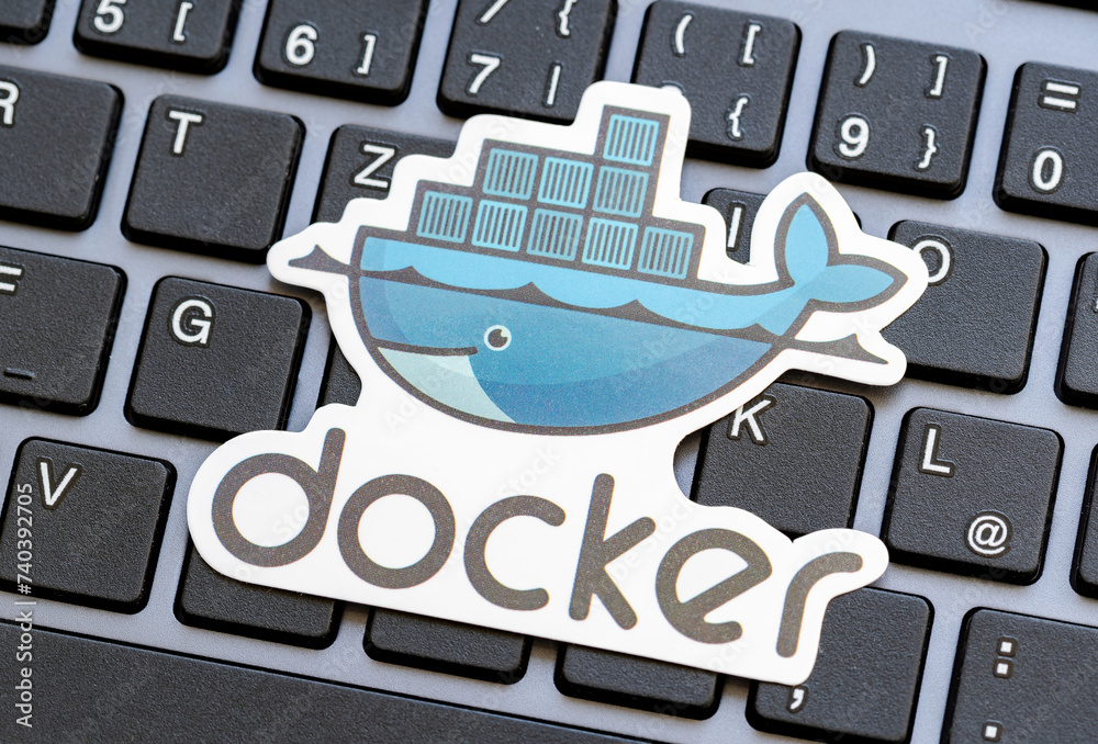 Docker logo placed over a laptop computer keyboard, Docker engine ...