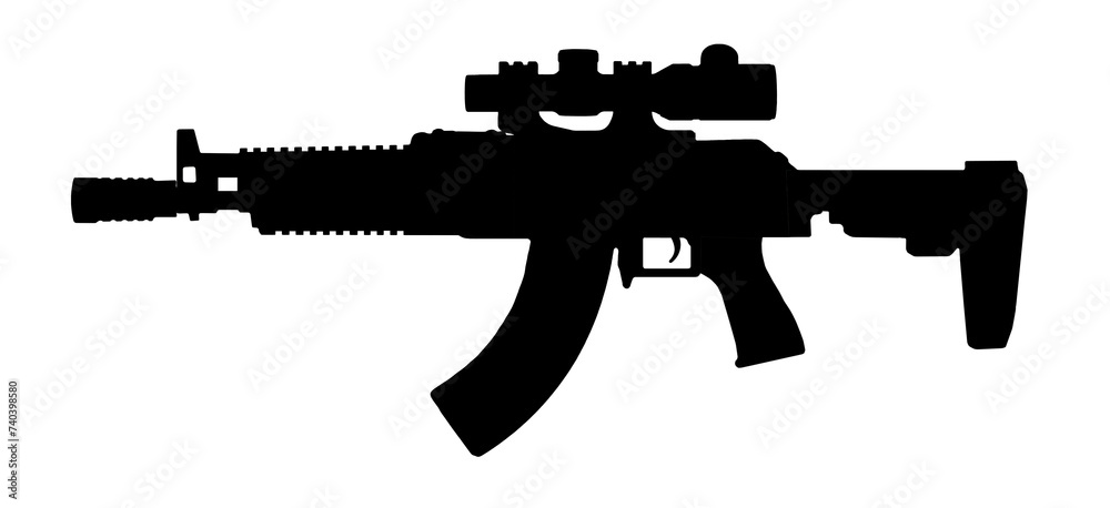Silhouette image of AK assault rifle weapon with red dot sign and ...