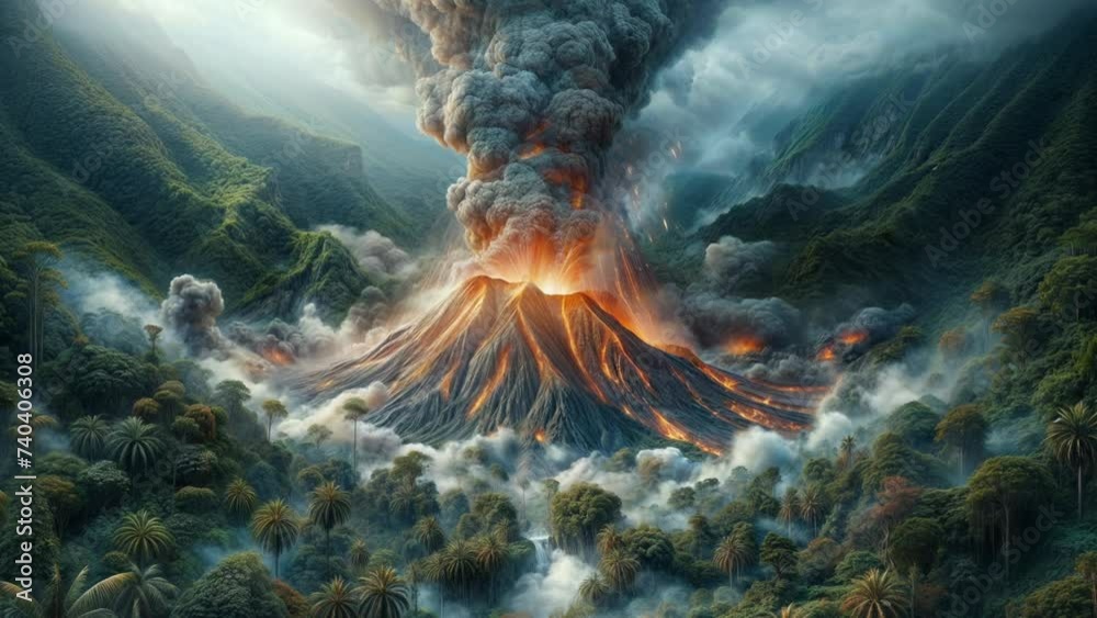 volcano eruption with clouds, The mountain erupted in the middle of the ...