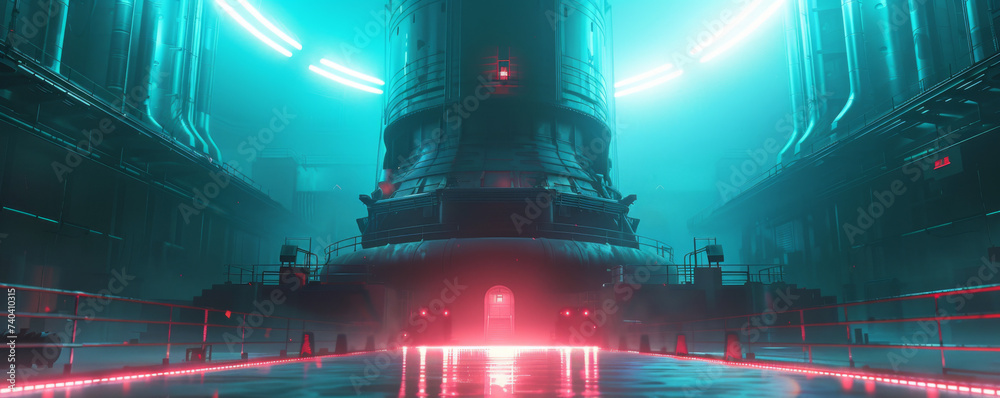 Nuclear reactor glowing with neon light a beacon of power and danger ...