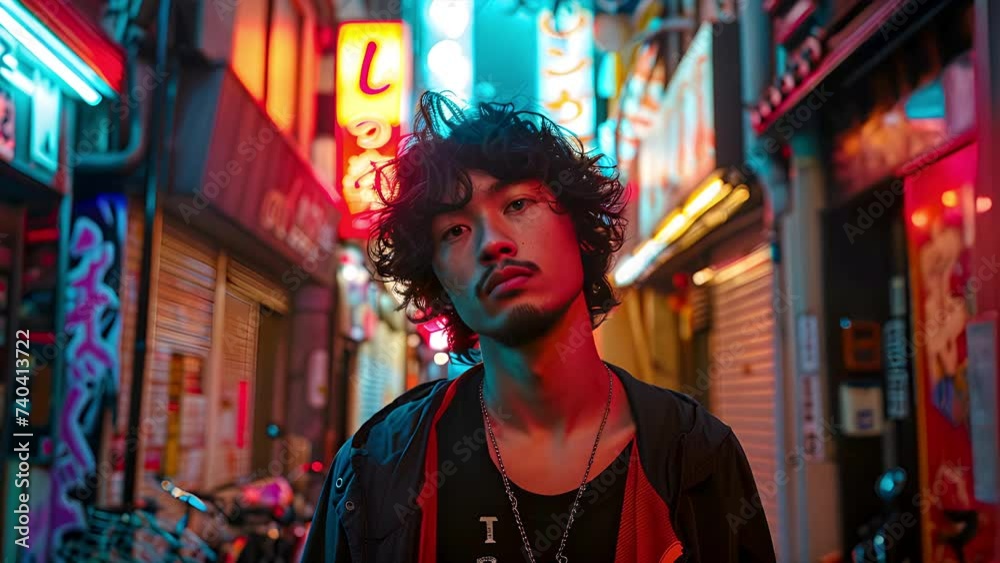 Scruffy Gen-z Japanese man standing in a crowded Tokyo alley at night ...