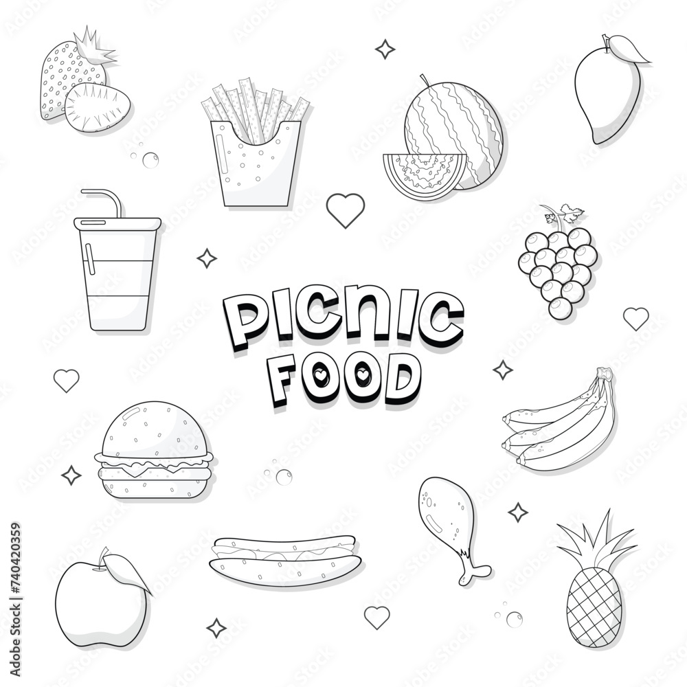 Set of picnic food with text black outline colouring page for kids ...