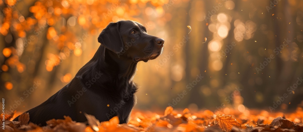 A black dog, a carnivorous terrestrial animal, is sitting in a pile of ...