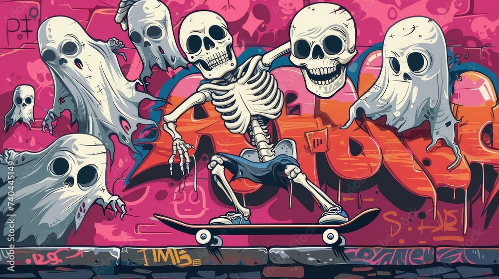 90s inspired vector illustration of a skateboarding skeleton with ghost ...