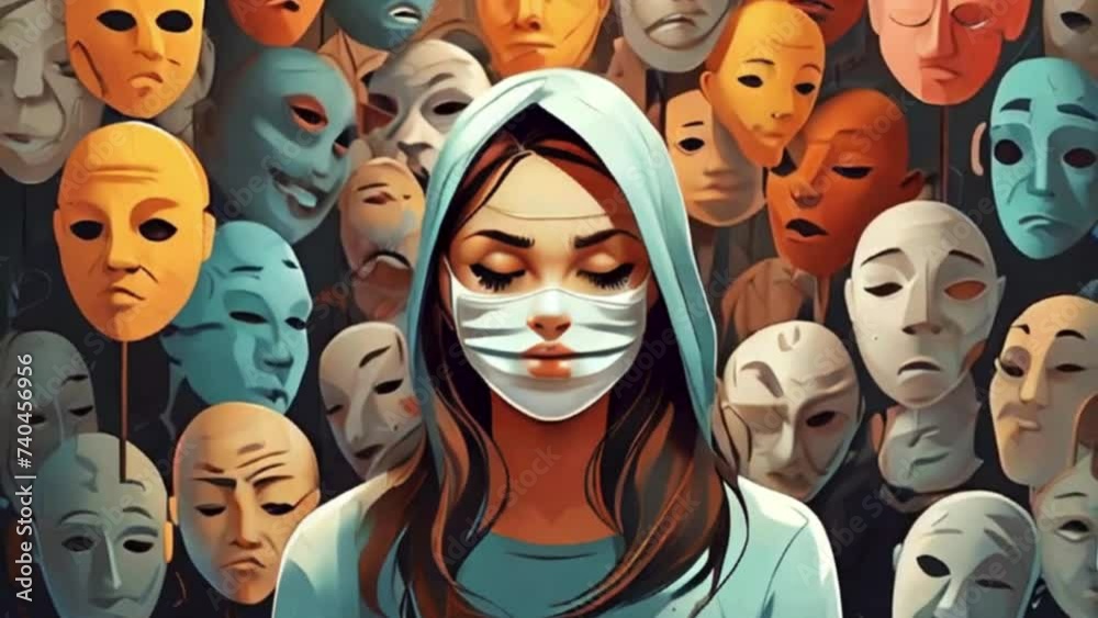 illustration of a person surrounded by many in masks, representing ...
