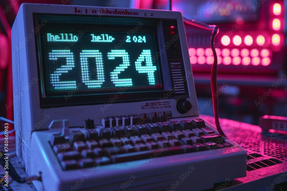 80s computer screen saying Hello 2024 year, cyber punk in pink and ...