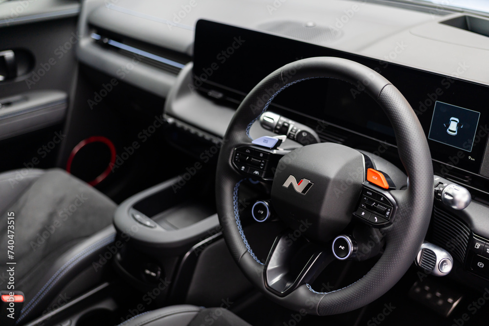 Hyundai IONIQ 5 N steering wheel and dashboard. Electric Vehicle EV ...