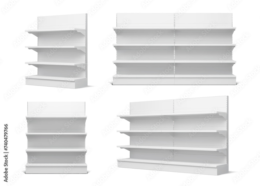 White retail shop product supermarket shelf and rack. Empty store ...