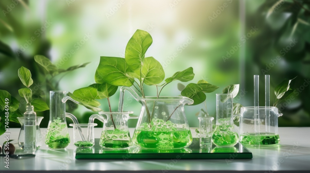 Close-up of branches of medicinal plants in a green chemical liquid in ...