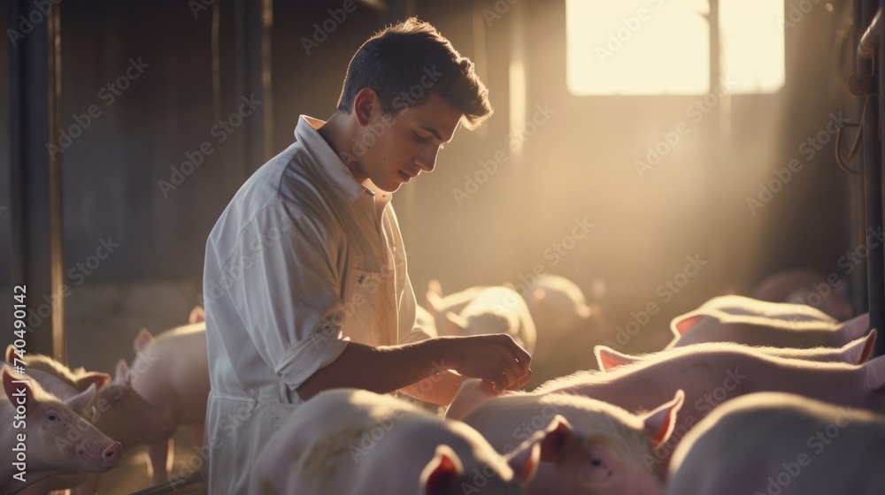 Veterinarian Doctor Examining Pigs at a Pig Farm. Intensive pig farming ...
