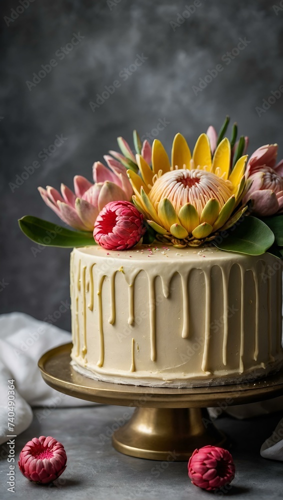 A decadent birthday cake sits on a cake stand, adorned with delicate ...