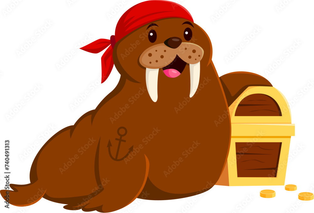 Cartoon funny walrus pirate animal character. Isolated vector jolly ...