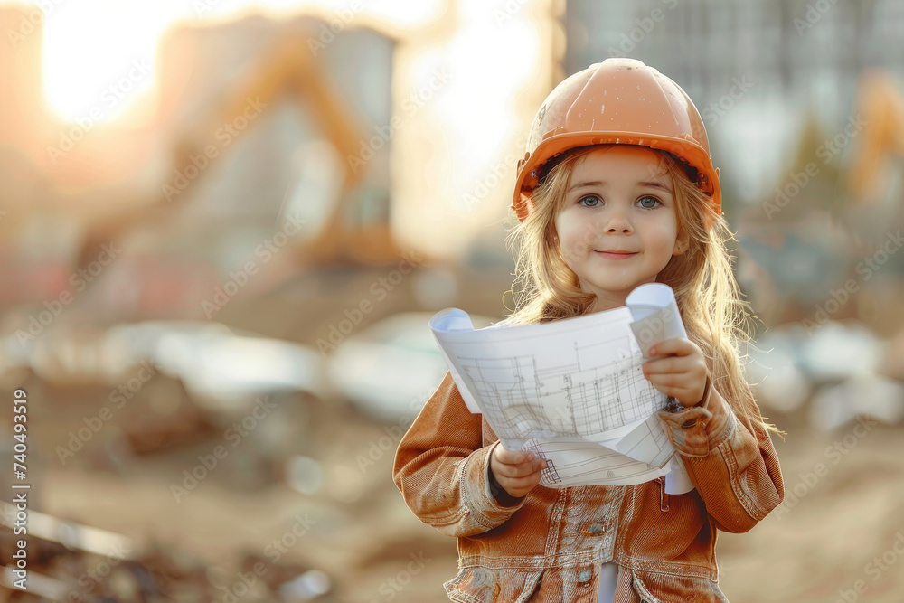 Cute little architect holding blueprints on construction site ...