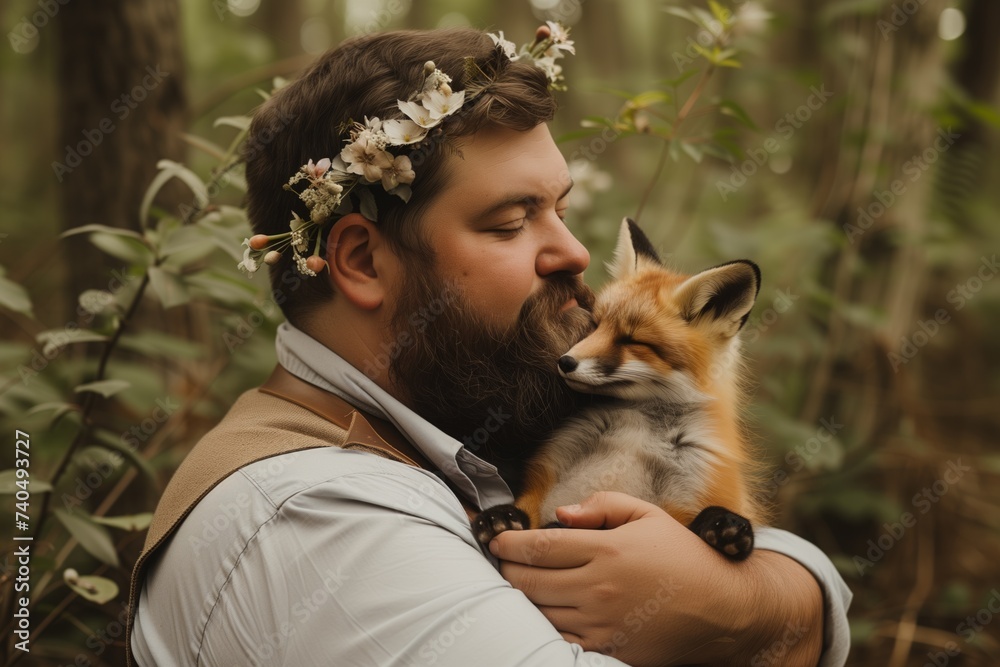 handsome obese bearded man gently hugs the little fox to him. people ...