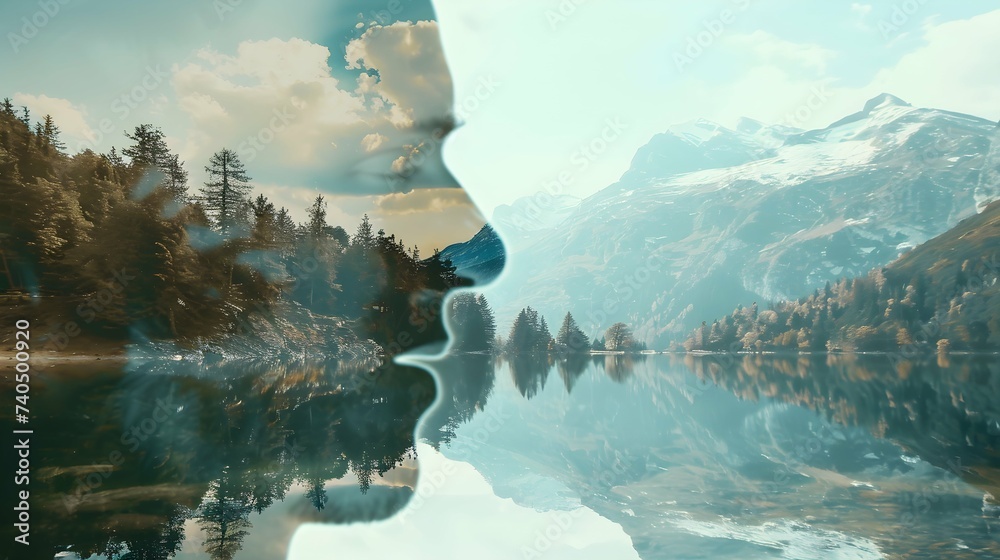 Double exposure combines a man's face, mountains, forest and a body of ...