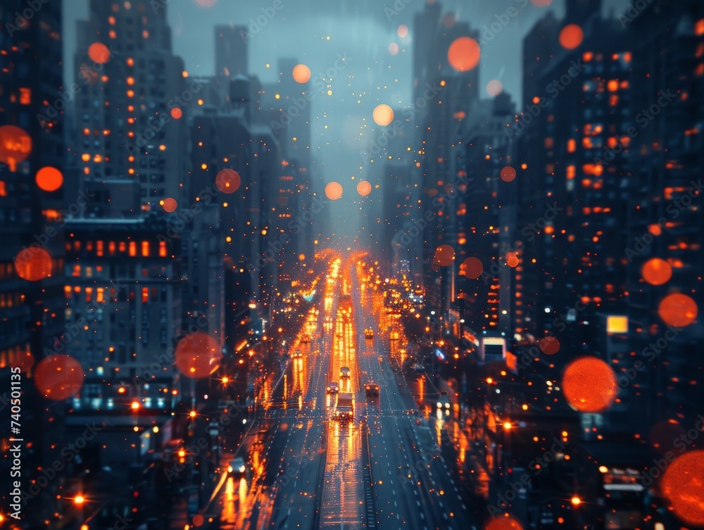 Insulin molecule interactive light on a cityscape at night turning ...