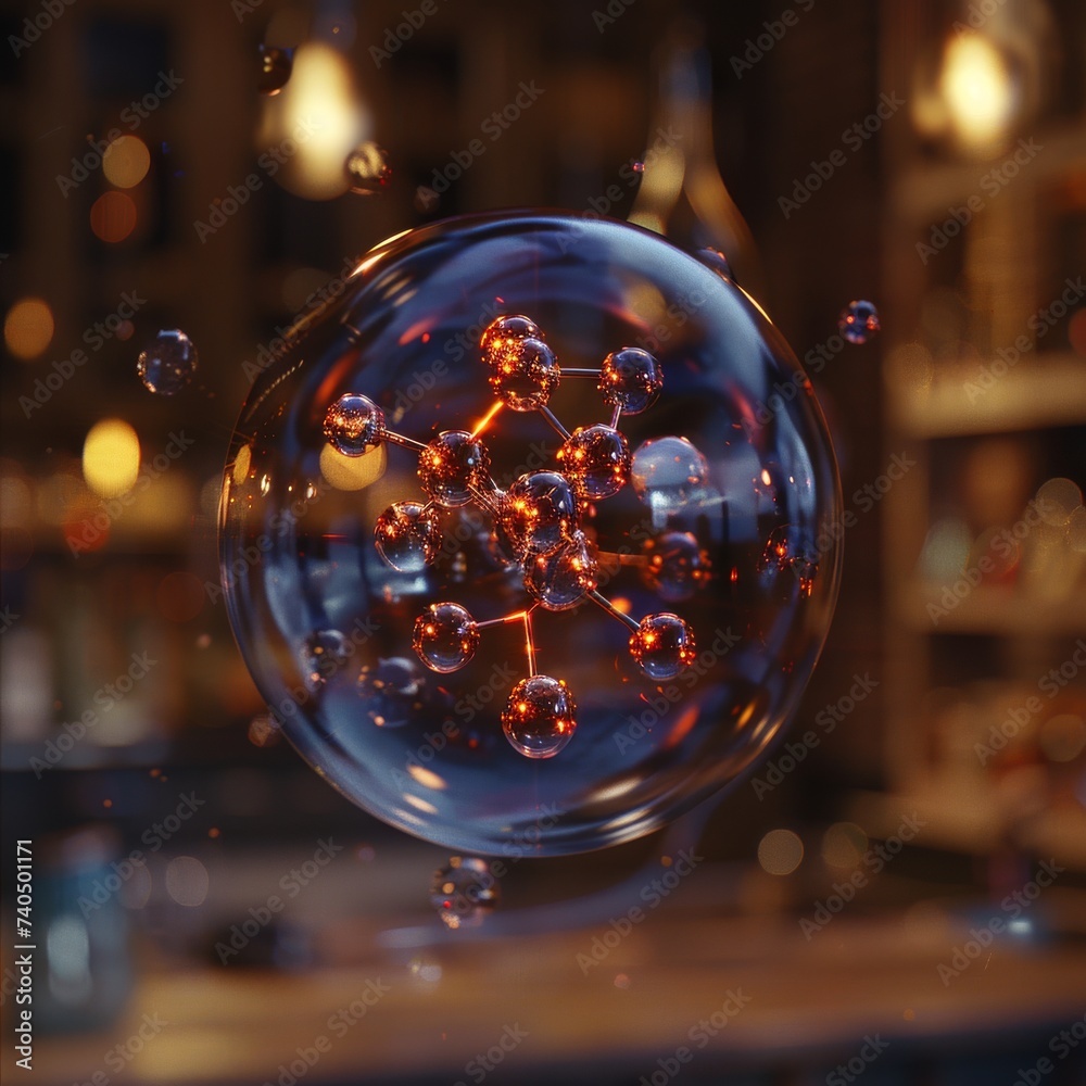 Iridescent lipid molecule with a soap bubble floating nearby reflecting ...